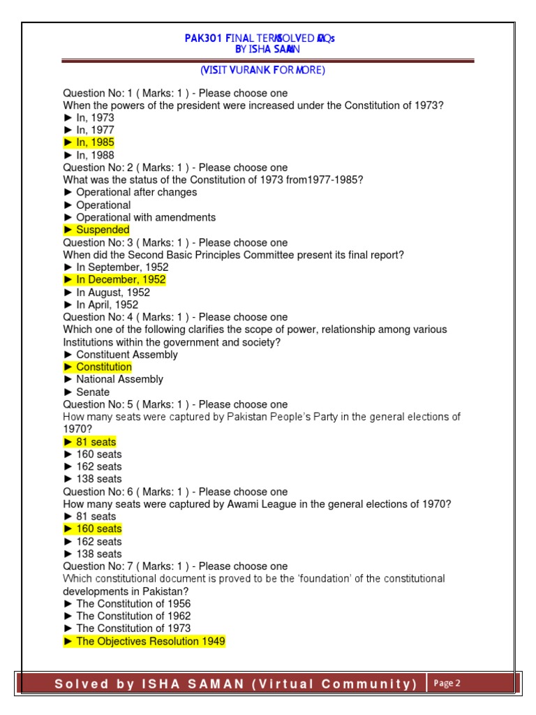 PAK301 Final Term Solved MCQs Guide | PDF | Muhammad Ali Jinnah | Pakistan