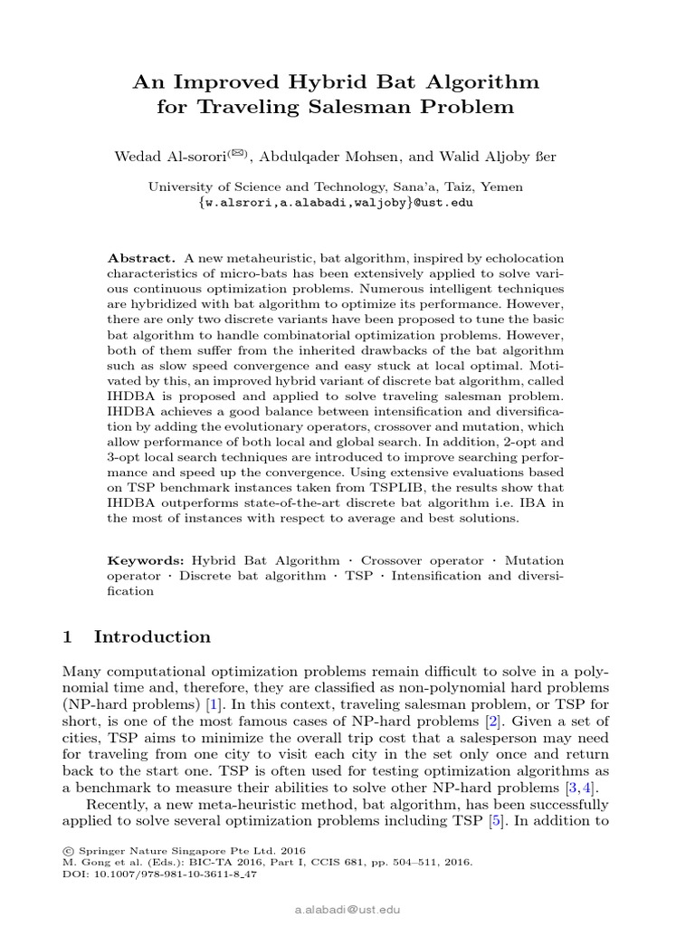 An Improved Hybrid Bat Algorithm For Traveling Salesman Problem | PDF | Metaheuristic ...