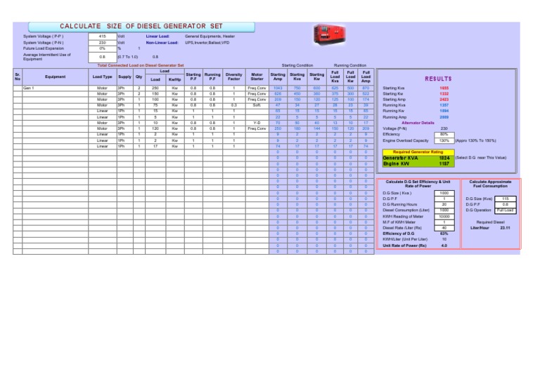 Calculate Size of Diesel Generator | PDF | Electric Generator | Metrology