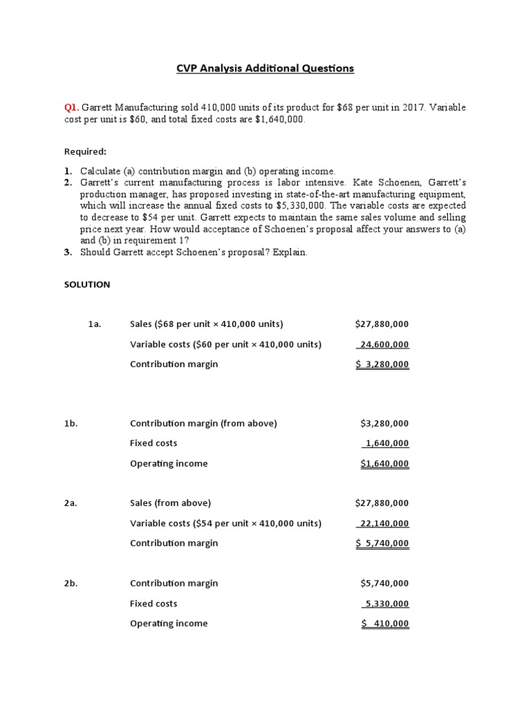 CVP Analysis Additional Exercise - Solutions | PDF | Pricing | Management Accounting