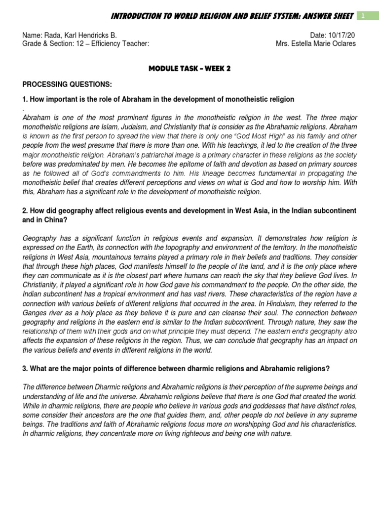 Week 2 World Religion Answer Sheet | PDF | Abraham | Monotheism