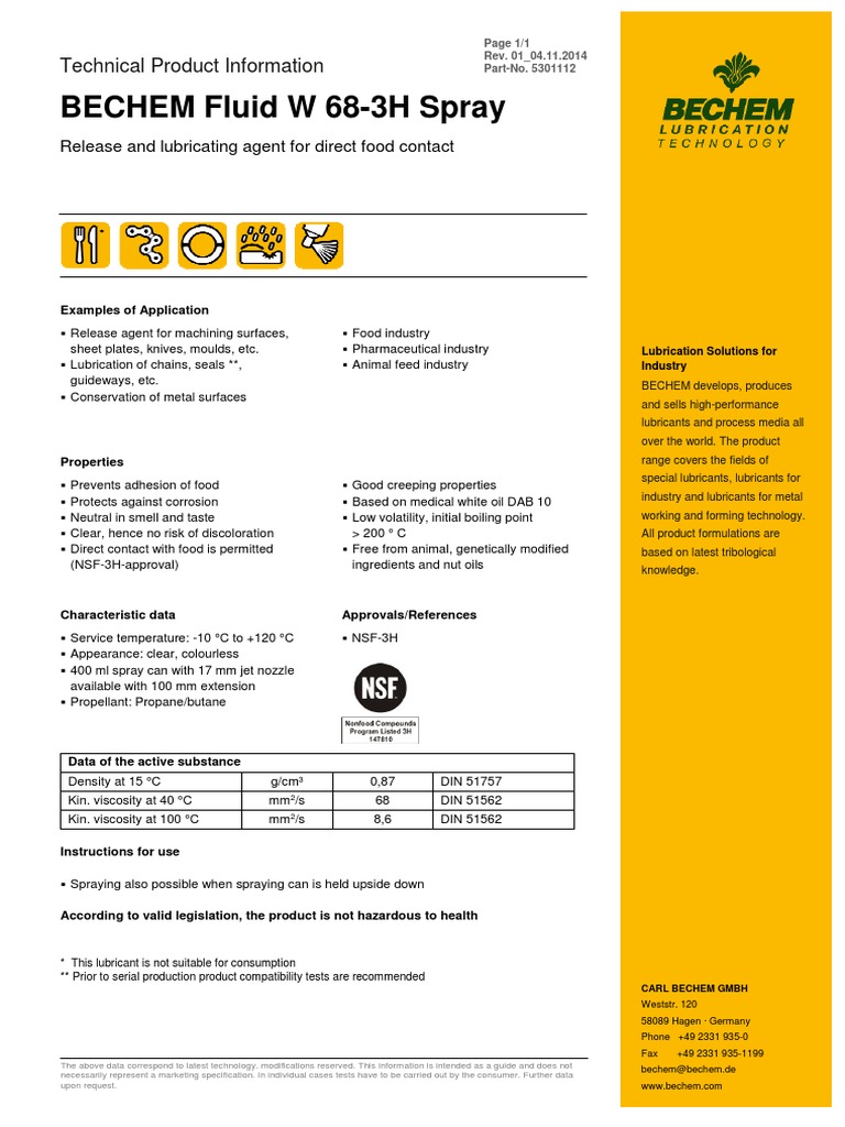 PDS Bechem Fluid W 68-3H Spray (En) | PDF | Lubricant | Viscosity