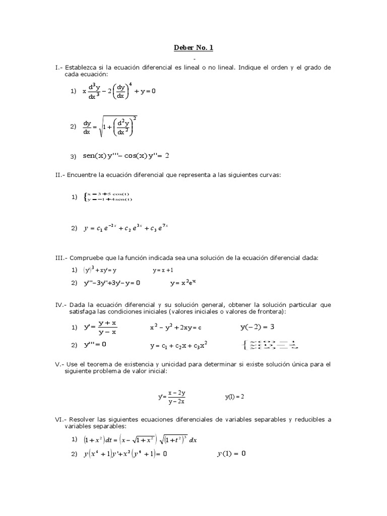 Deber 1 de EDO | PDF | Ecuaciones diferenciales | Ecuaciones