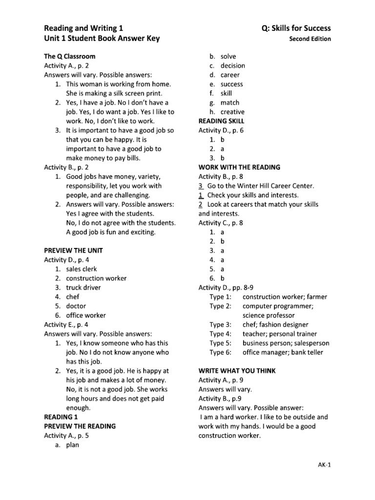 Q Skills Reading and Writing 1 Answer Key | PDF