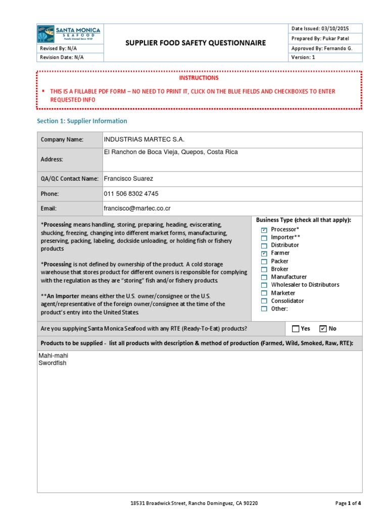 Ensuring Food Safety: A Comprehensive Food Safety Questionnaire for ...