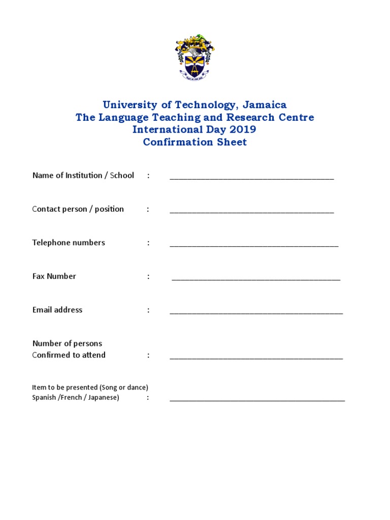 Confirmation Sheet UTECH International Day 2019 Schools | PDF