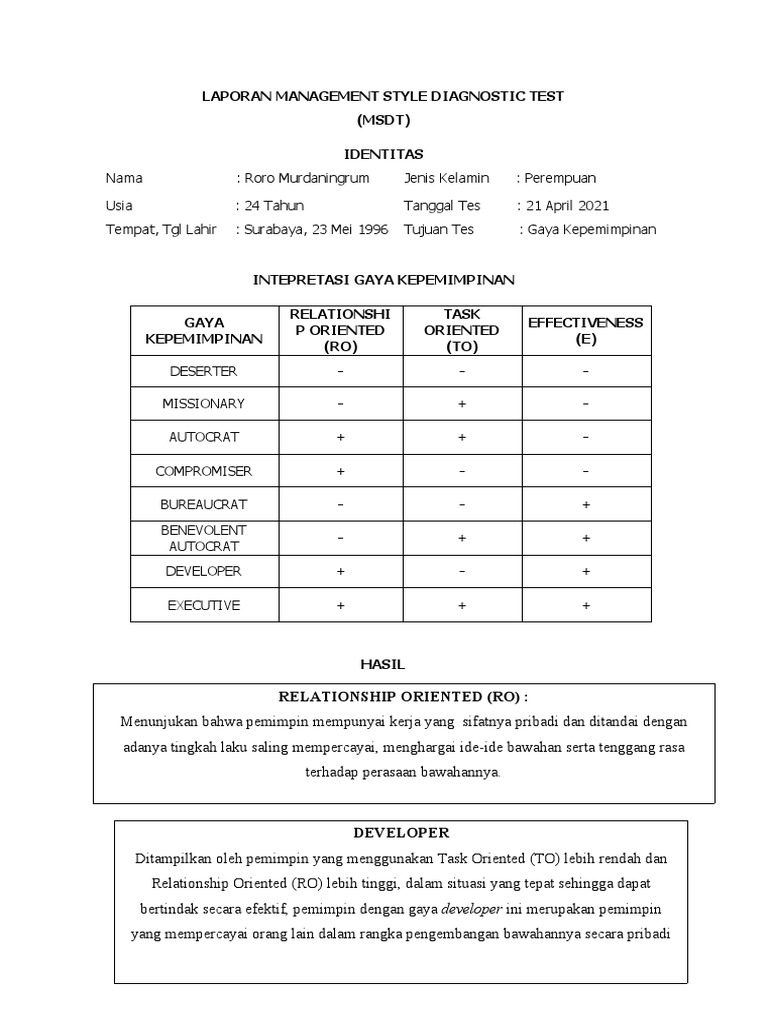 Laporan Management Style Diagnostic Test (MSDT) - Roro Murdaningrum | PDF