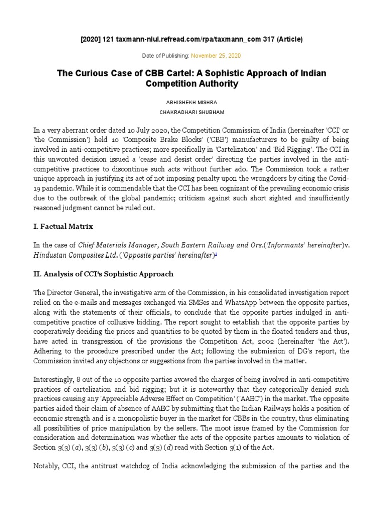 The Curious Case of CBB Cartel: A Sophistic Approach of Indian Competition Authority | PDF ...