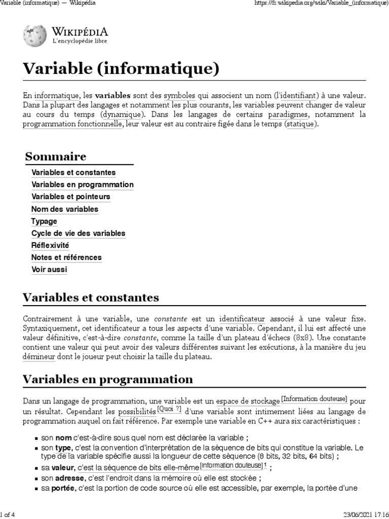 Variable (Informatique) - Wikipédia | PDF | Variable (informatique ...