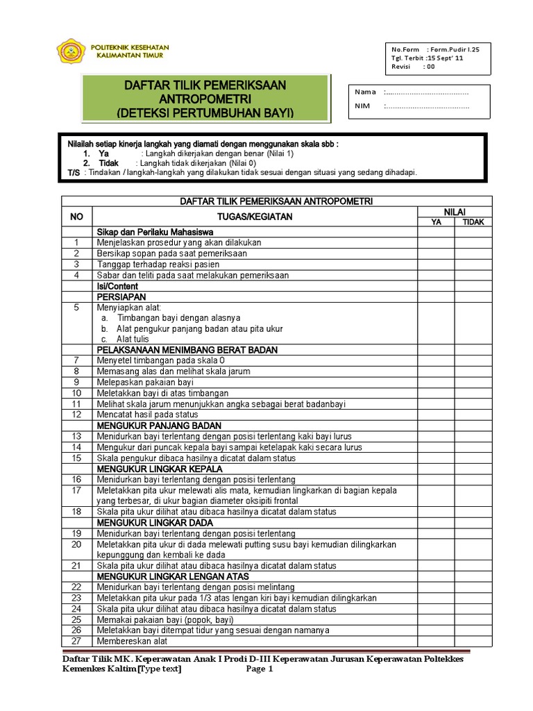 Daftar Tilik Pemeriksaan Antropometri - Revisi | PDF