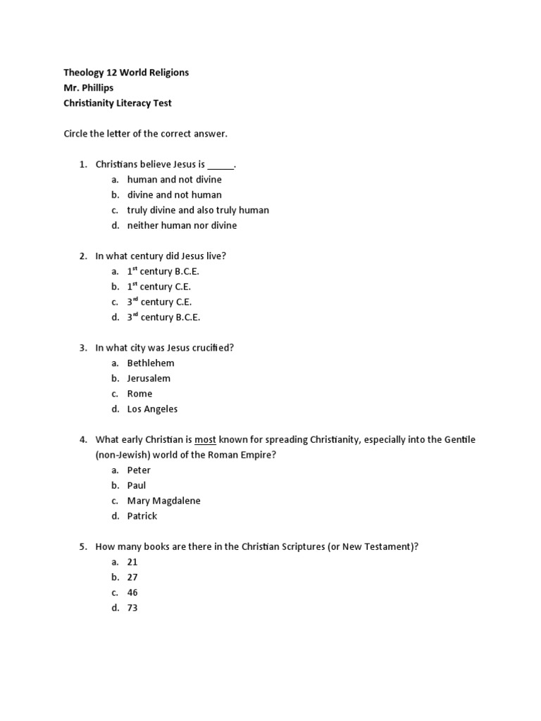 Theology 12 World Religions Mr. Phillips Christianity Literacy Test | PDF