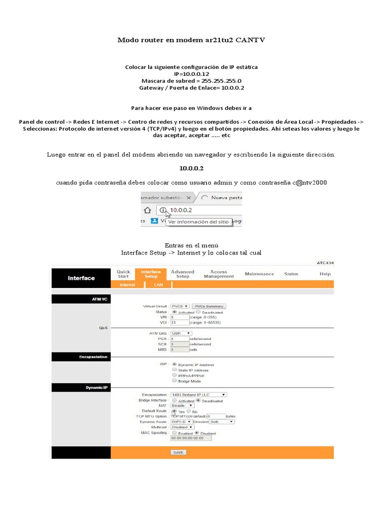 Modo Router en Modem Ar21tu2 CANTV | PDF
