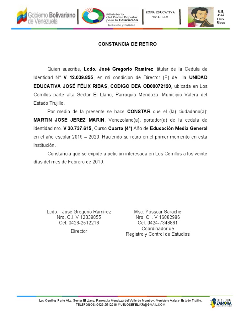 Constancia de Retiro 2019 - 2020 | PDF