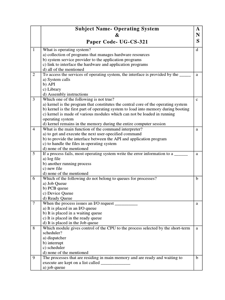 Operating System MCQs and Answers | PDF | Scheduling (Computing) | Microsoft Sql Server