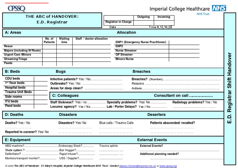 ABC of Hand Over Sheet | PDF | Emergency Department | Health Care