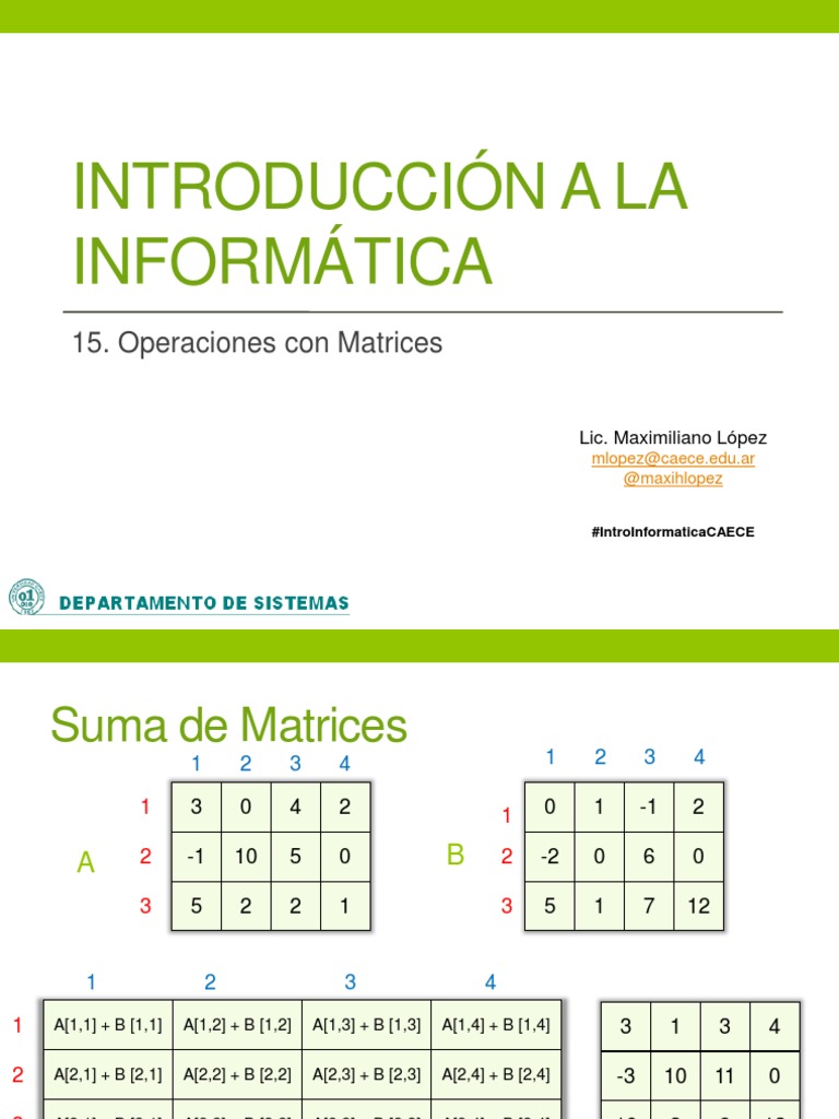Introduccion A La Informatica 15 Operaciones Con Matrices | PDF ...