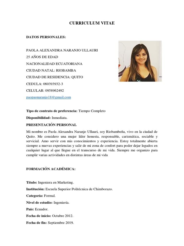 Curriculum Vitae Paola Naranjo 2020 | PDF | Ecuador | Servicio al Cliente