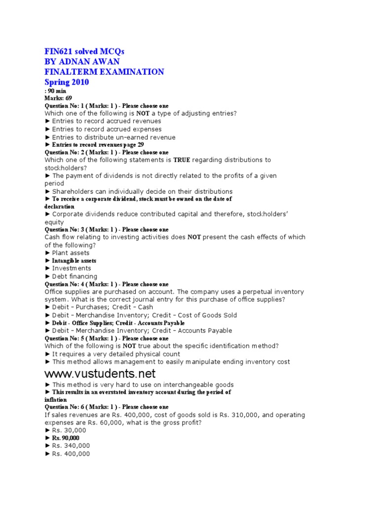 Fin621 Solved Mcqs by Adnan Awan Finalterm Examination Spring 2010 ... Fin621 Solved Mcqs by Adnan Awan Finalterm Examination Spring 2010 ...