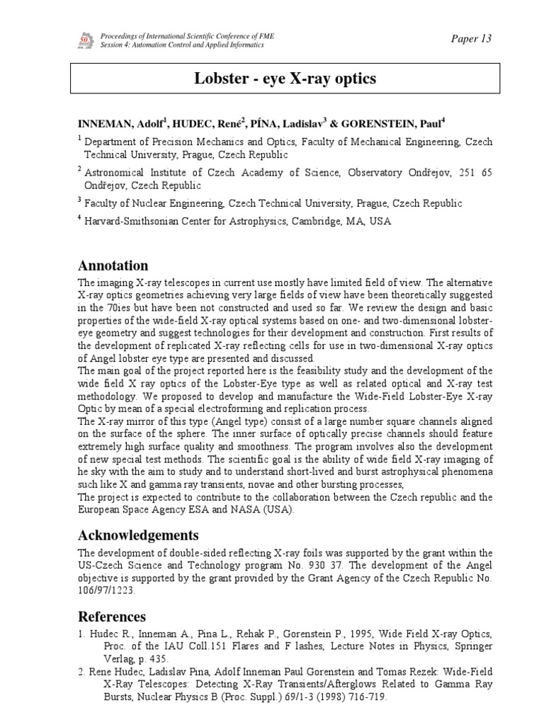 Lobster - Eye X-Ray Optics: Annotation | PDF | Optics | X Ray