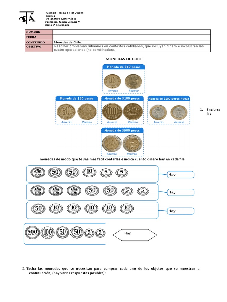 Actividades con Monedas de Chile para 3° Básico | PDF | Enseñanza de ...