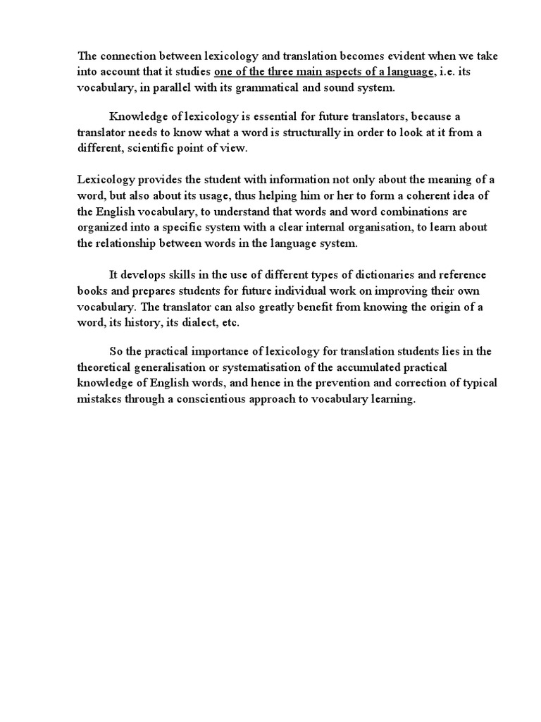 Lexicology's Role in Translation Skills | PDF
