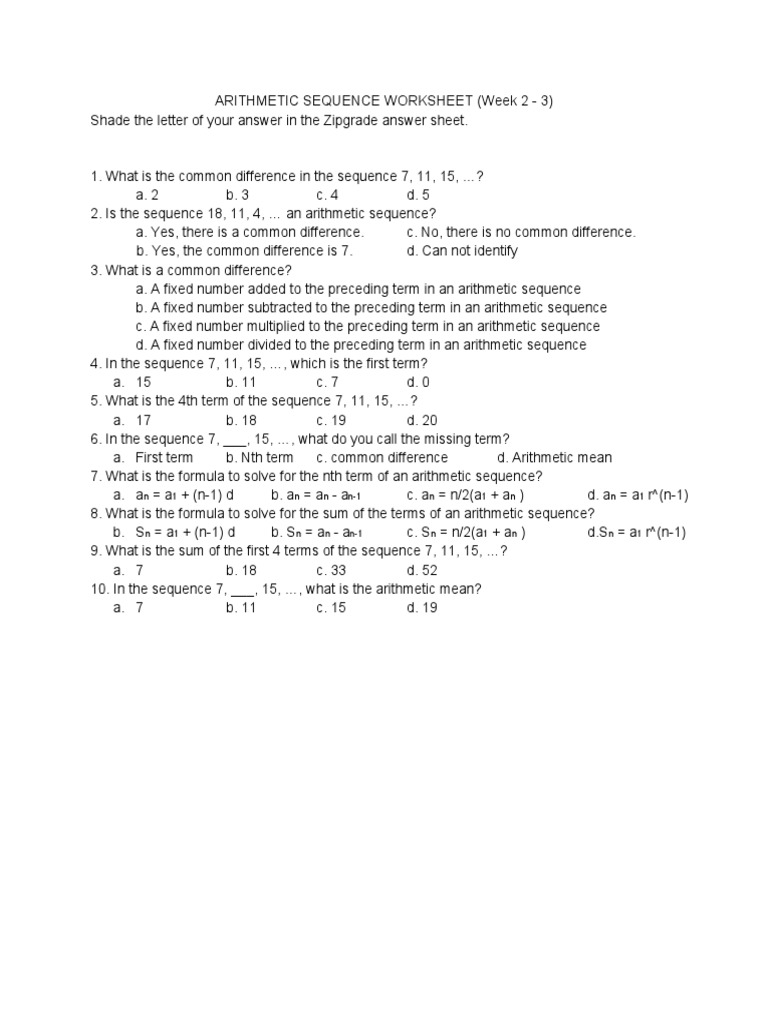 Arithmetic Sequence Worksheet | PDF | Teaching Methods & Materials