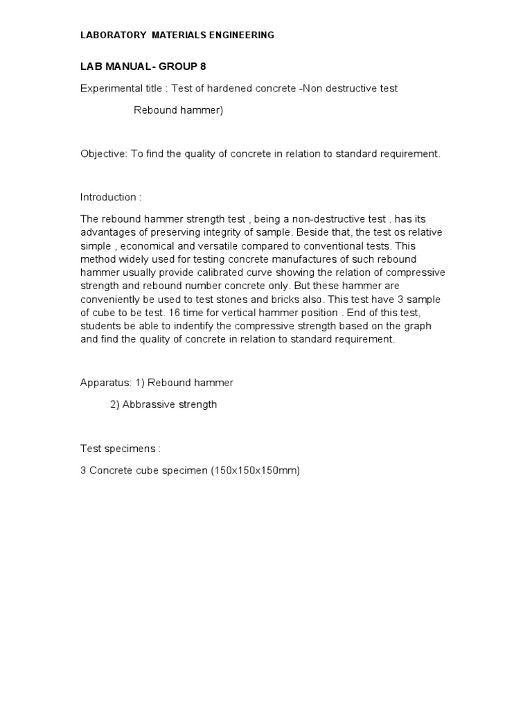 LAB MANUAL Rebound Hammer | PDF | Concrete | Laboratories
