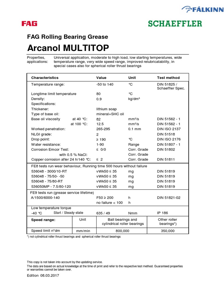 Arcanol MULTITOP: FAG Rolling Bearing Grease | PDF | Bearing ...
