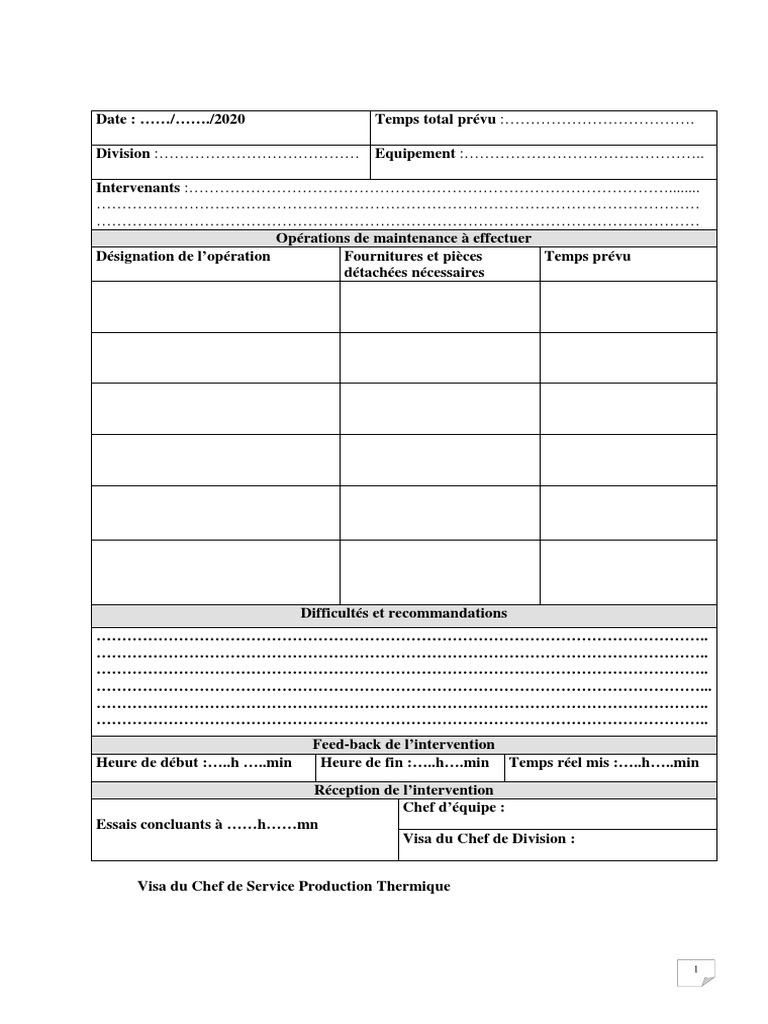 Fiche d'Intervention Maintenance Excel | PDF
