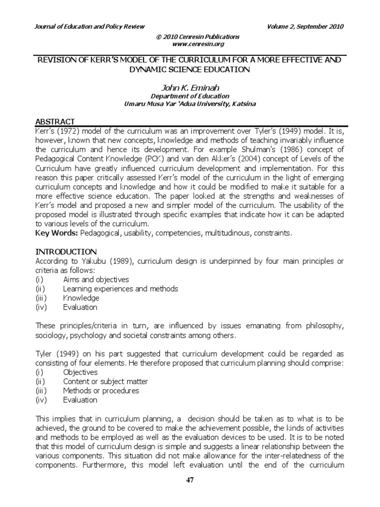Revision of Kerr'S Model of The Curriculum For A More Effective and ...