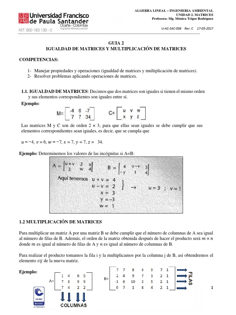 Guia 2 Multiplicacion de Matrices | PDF | Matriz (Matemáticas ...