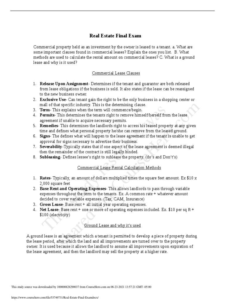 This Study Resource Was: Real Estate Final Exam | PDF | Lease ...