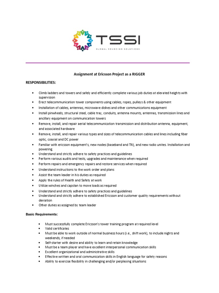 Assignment at Ericsson Project As A RIGGER Responsibilities | PDF | Cable Television ...