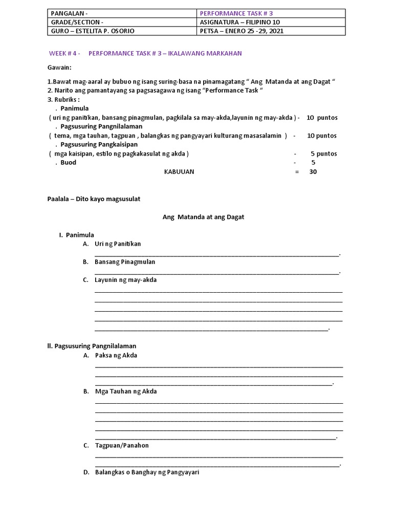 Perf Task # 3 Q2 - SB-Ang Matanda at Ang Dagat | PDF