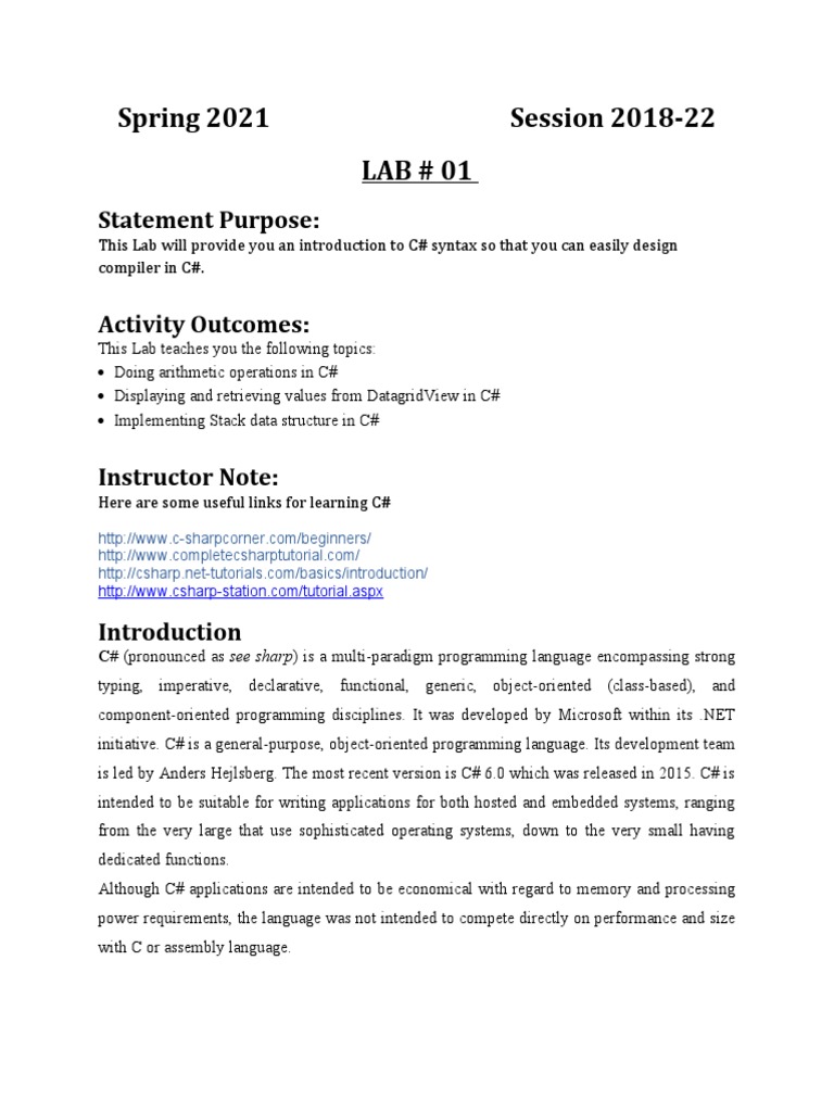 LAB 1 Compiler Construction | PDF | C Sharp (Programming Language ...