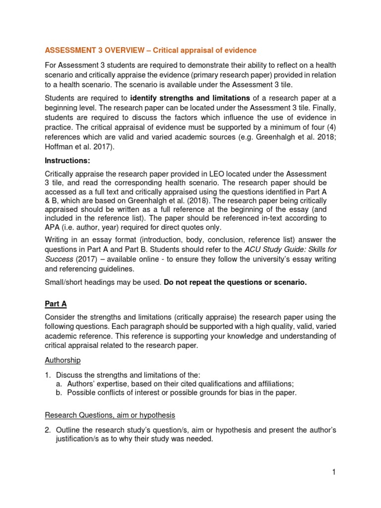 ASSESSMENT 3 OVERVIEW - Critical Appraisal of Evidence: Instructions ...