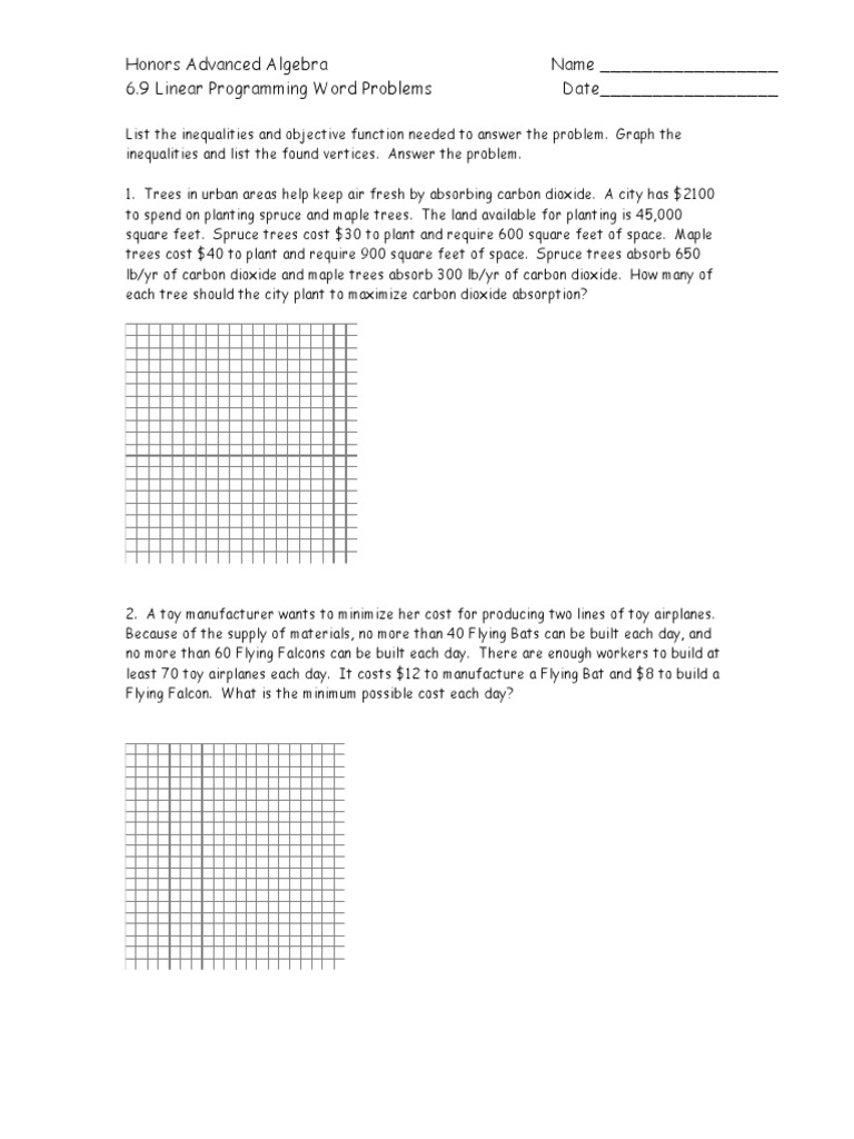 Honors Advanced Algebra Name - 6.9 Linear Programming Word Problems ...