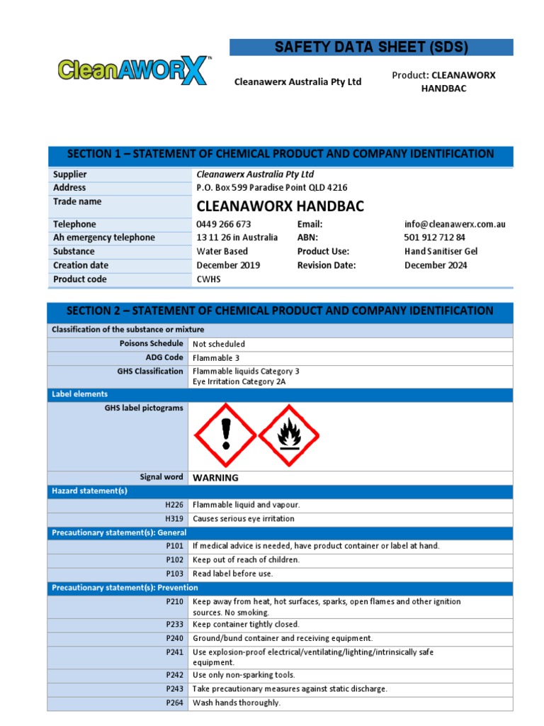 Cleanaworx Handbac: Safety Data Sheet (SDS) | PDF | Dangerous Goods ...