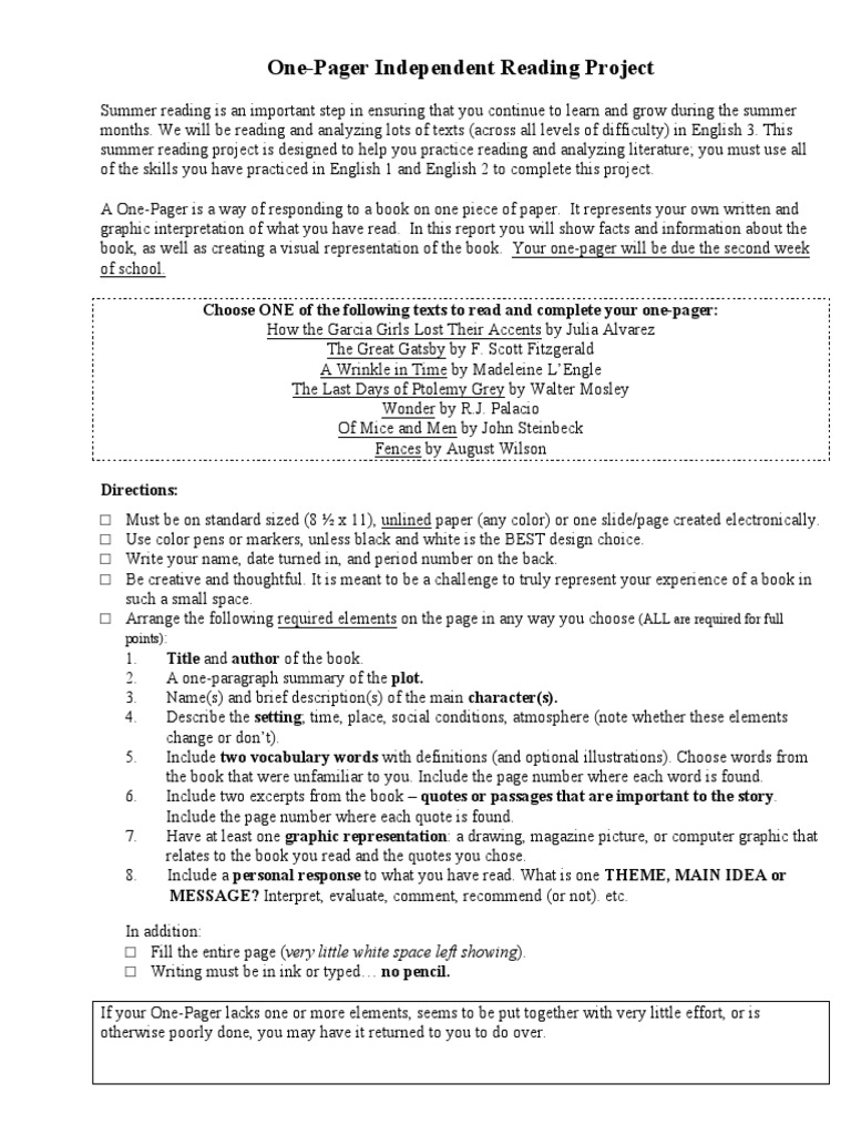 One-Pager Independent Reading Project: Choose ONE of The Following ...