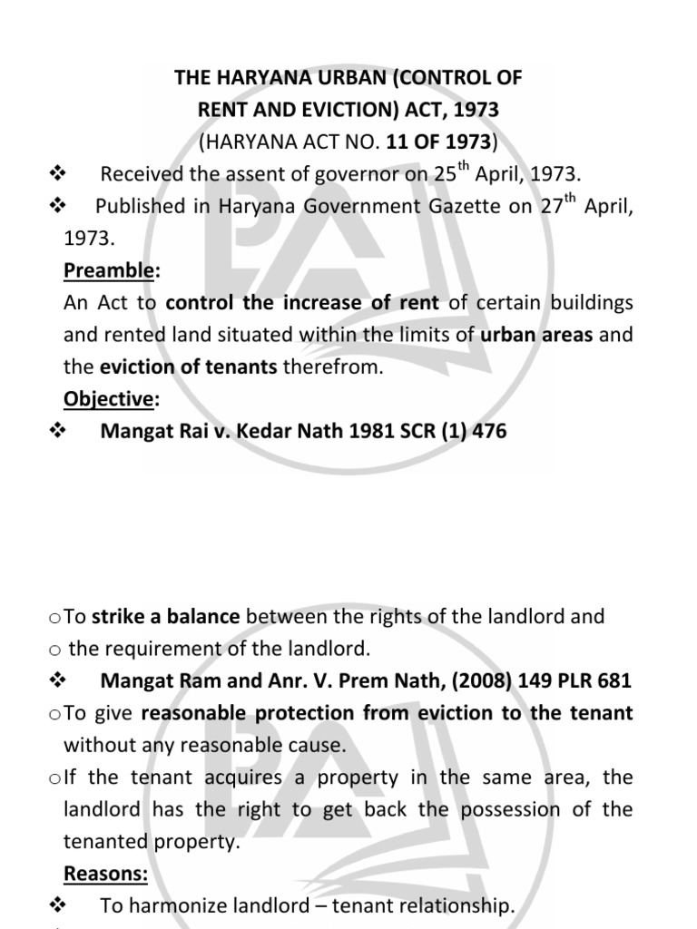 The Haryana Urban Rent Control Act | PDF | Leasehold Estate | Landlord