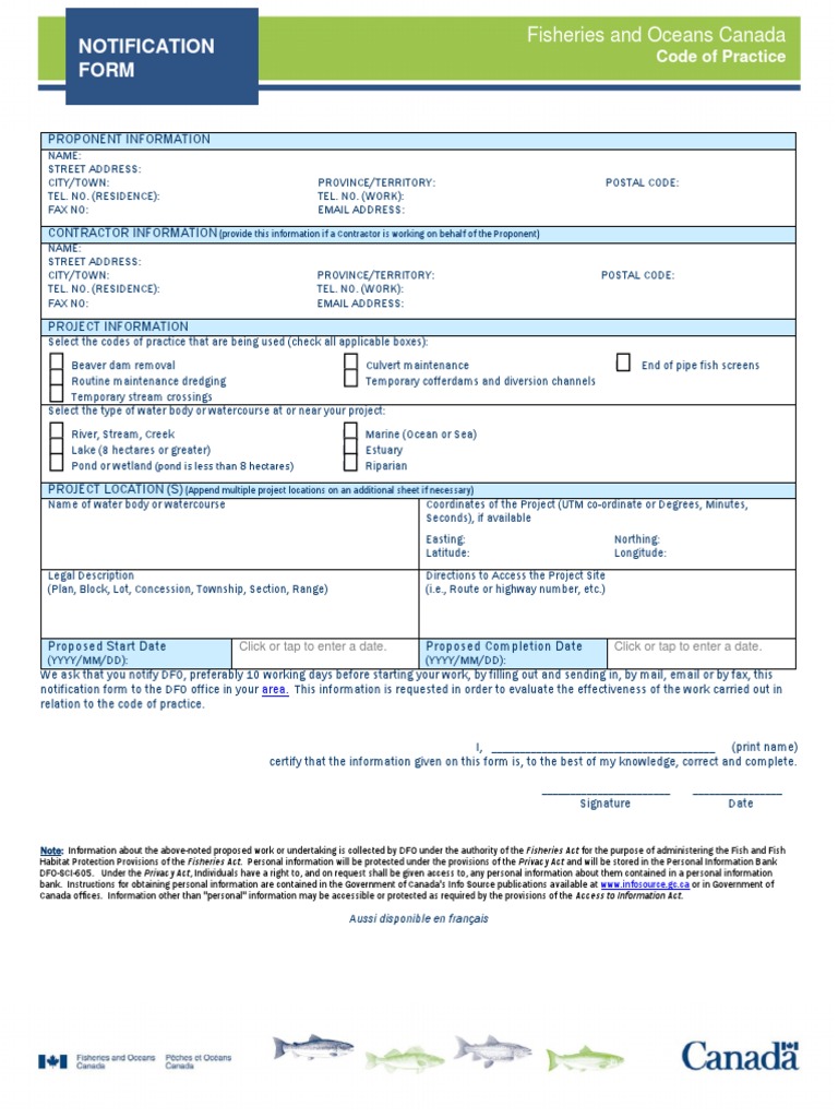 Notification Form: Fisheries and Oceans Canada | PDF