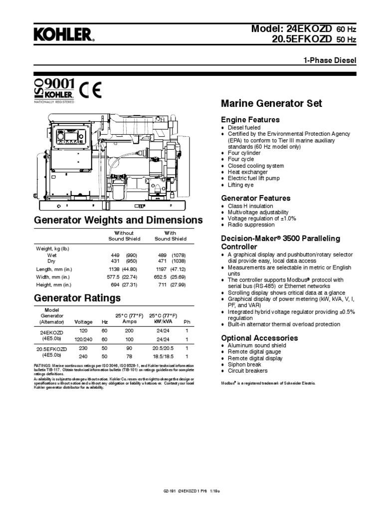 Kohler 24 Specs Sheet | PDF | Power Supply | Electric Generator