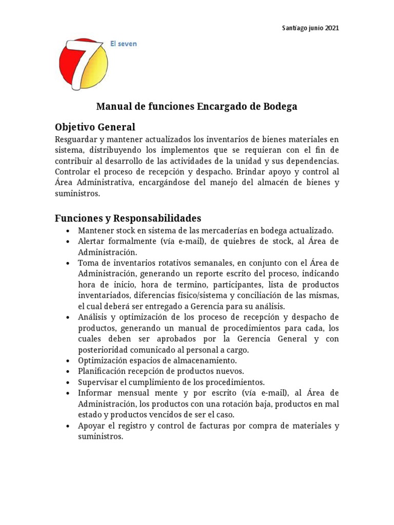 Manual de Funciones Encargado de Bodega | PDF