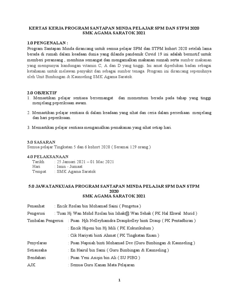 Kertas Kerja Program Santapan Minda Pelajar SPM Dan STPM 2020 | PDF