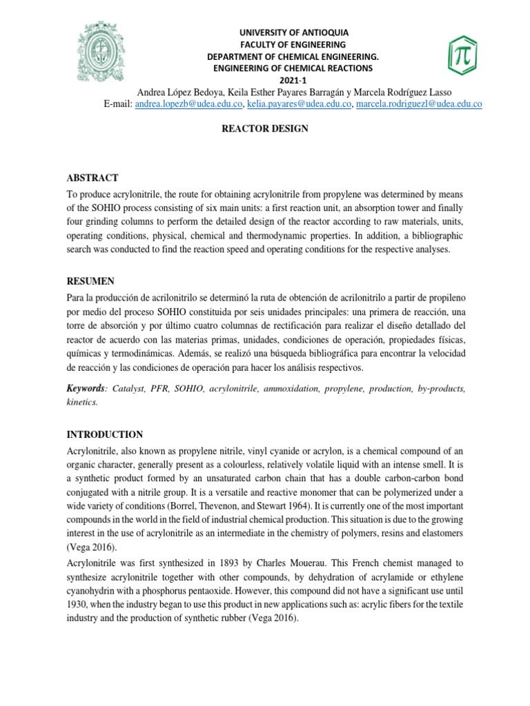 Acrylonitrile Production via SOHIO Process | PDF | Chemical Reactor ...