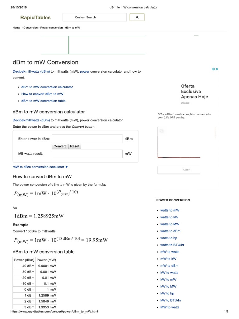DBM To MW Conversion Calculator | PDF