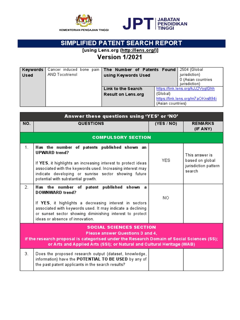Simplified Patent Search Report Sample | PDF | Novelty (Patent) | Patent