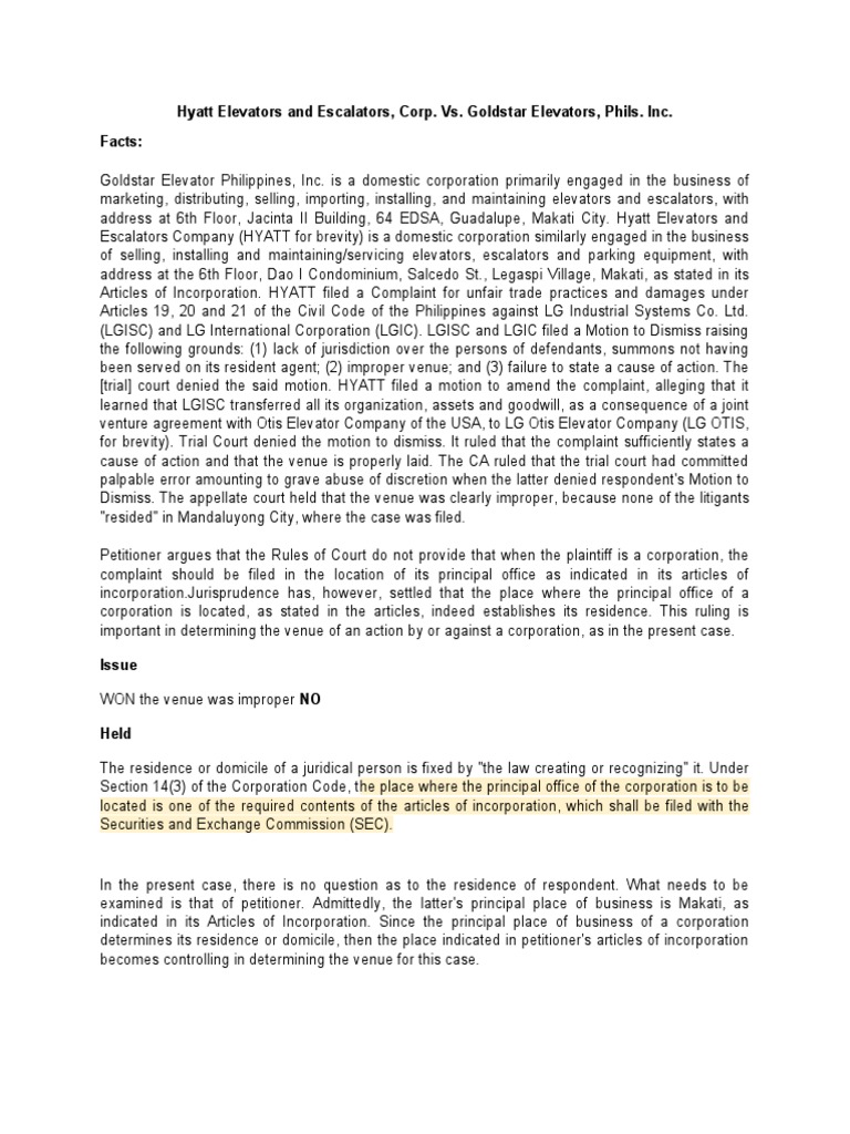Hyatt Elevators and Escalators, Corp. vs. Goldstar Elevators, Phils ...
