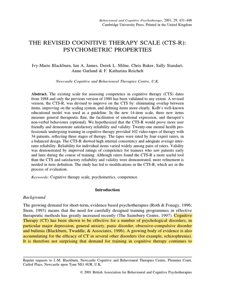 The Revised Cognitive Therapy Scale (CTS-R) : Psychometric Properties ...