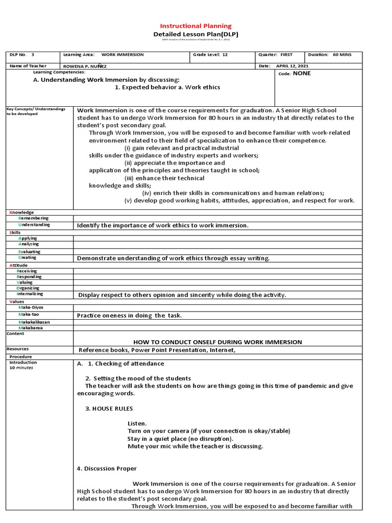 Detailed Lesson Plan (DLP) : Work Immersion Is One of The Course ...